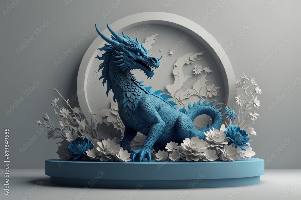 a blue dragon statue sitting on a plate with flowers and a circular ...