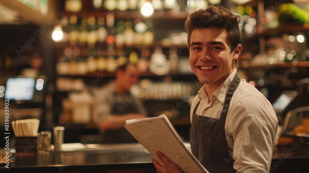 A cheerful young waiter, wearing his work uniform, smiles warmly as he ...