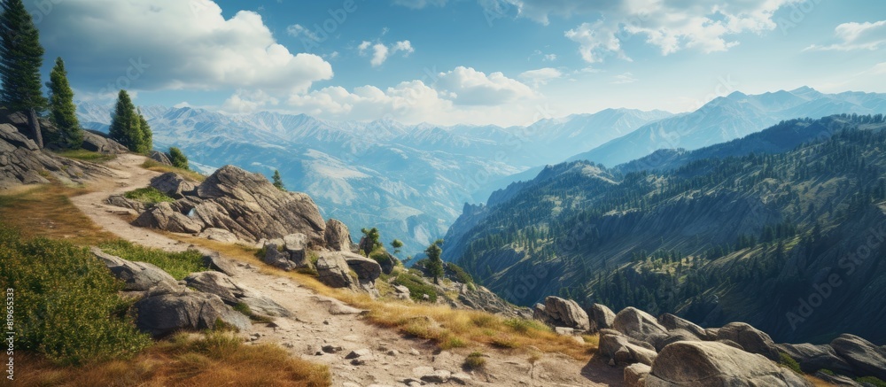 Hiking along a rugged mountain trail with a rocky terrain and a ...