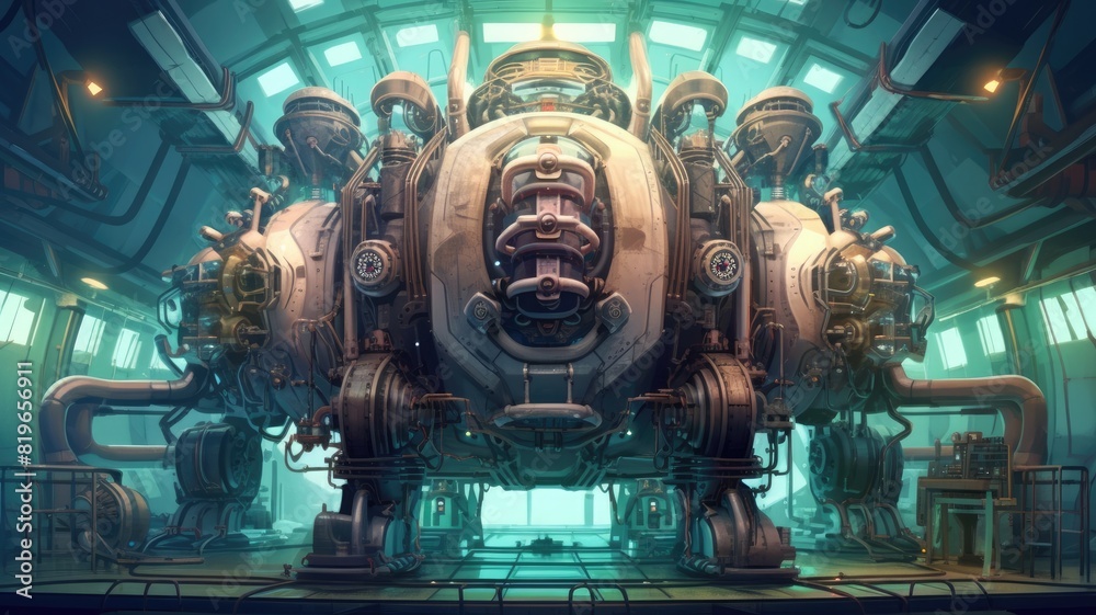 Digital artwork depicting the interior of a futuristic laboratory with ...
