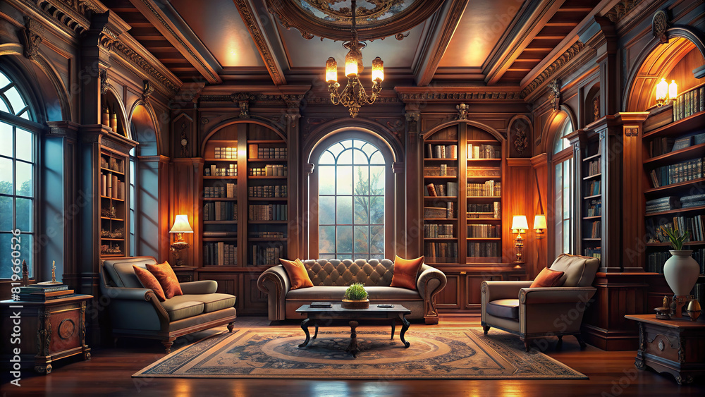 Luxurious home library with rich wood paneling and cozy reading nooks ...