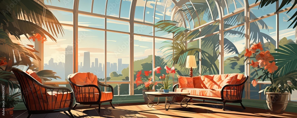 Sunroom background flat design side view urban chic solarium theme ...