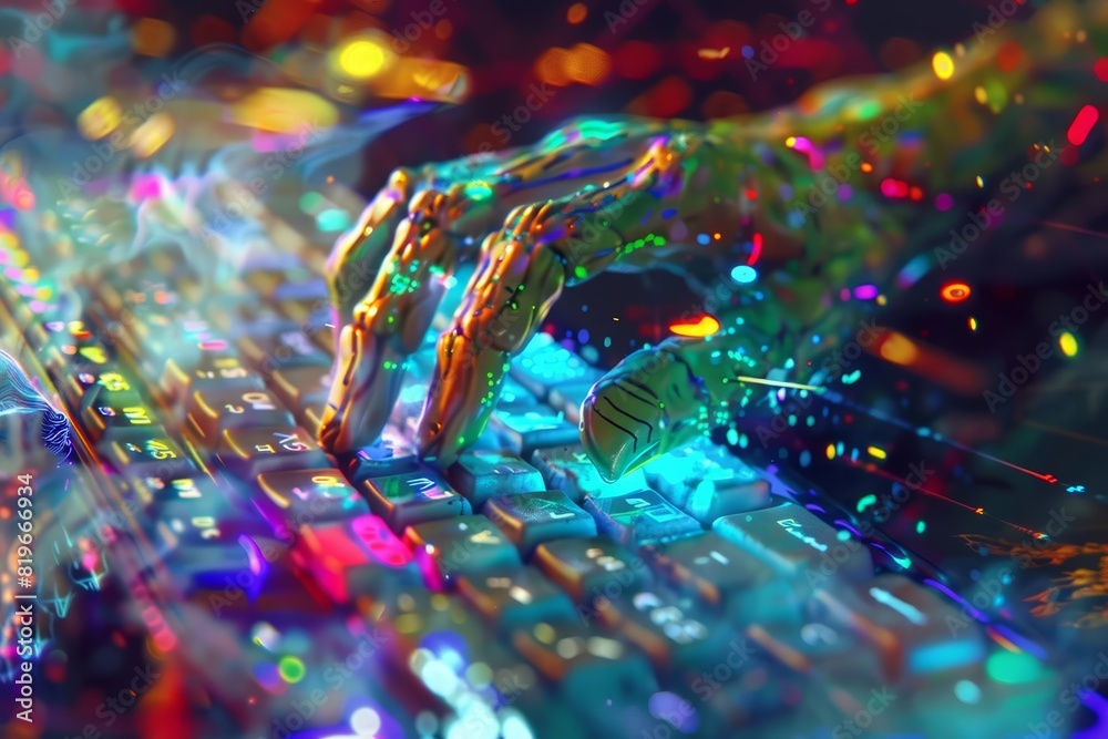 A closeup of an alien hand typing on a bioorganic keyboard with a ...