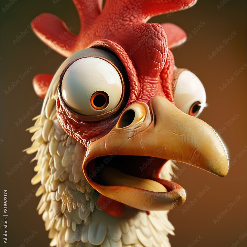 3D funny, cunning cartoon chicken face close-up. Print for T-shirts ...