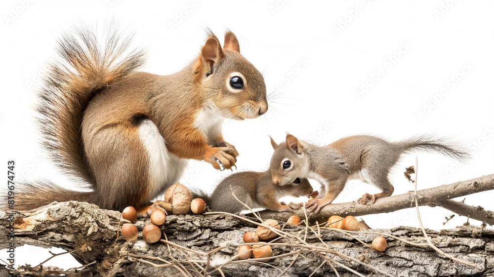 A mother squirrel with two baby squirrels on a tree branch, surrounded ...