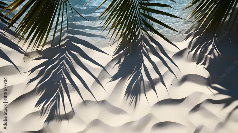Palm tree shadows on white sand beach with clear blue water. Nature ...