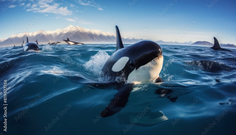 Groups of Orcas or killer whales swim and hunt for prey, the top of the ...