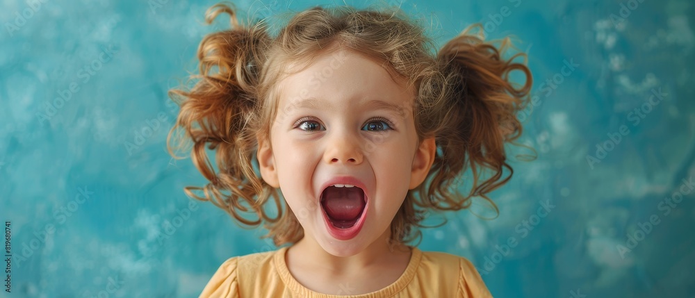 Child with mouth wide open on a teal background Stock Photo | Adobe Stock