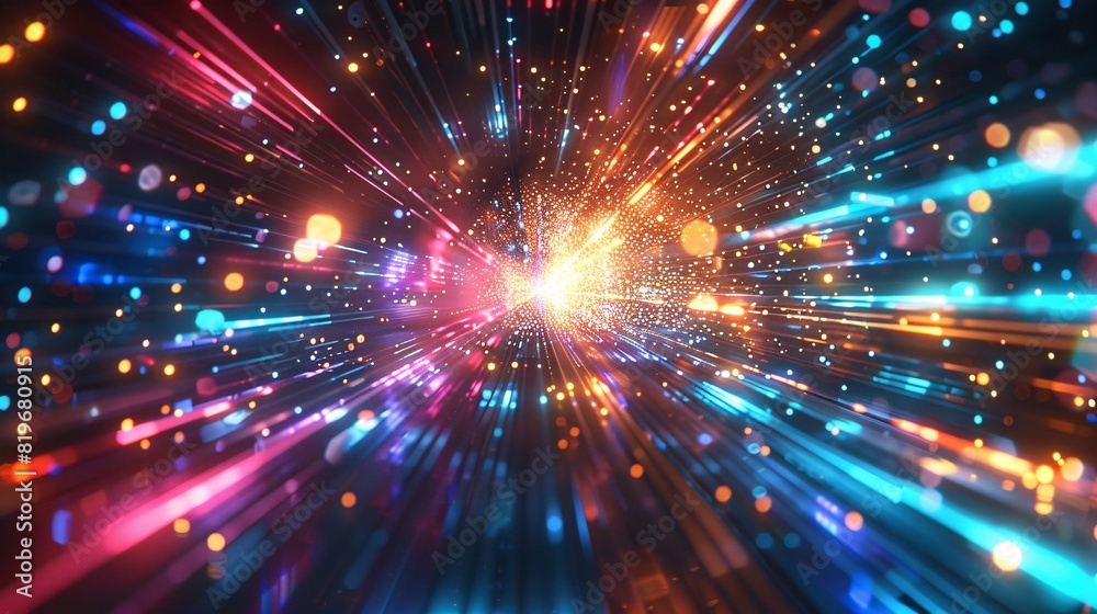 Pixelated light speed explosion, with intense, multicolored beams ...