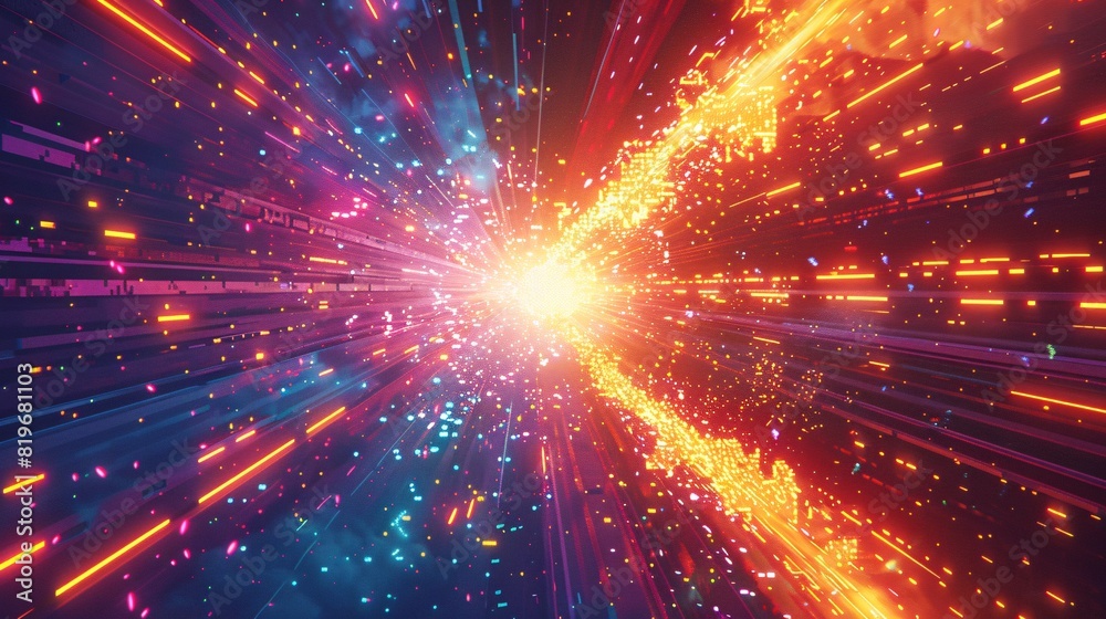 Retro pixel art depicting a light speed explosion, with vivid colors ...