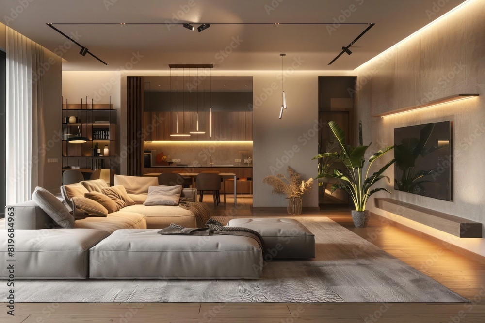 An open plan living room with a sectional sofa modern lighting fixtures ...