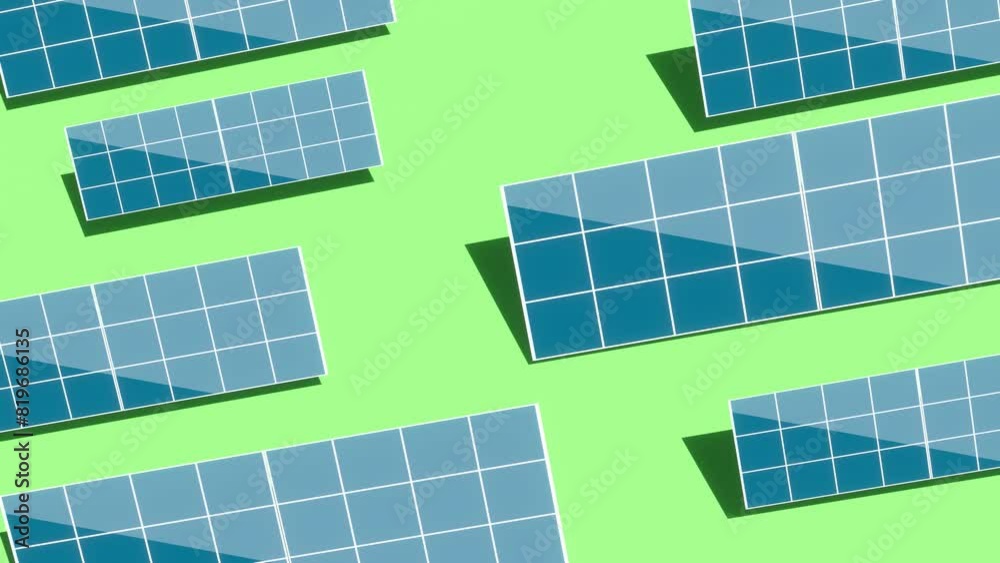 Solar panel field stylized animation, camera rotates and panning left ...