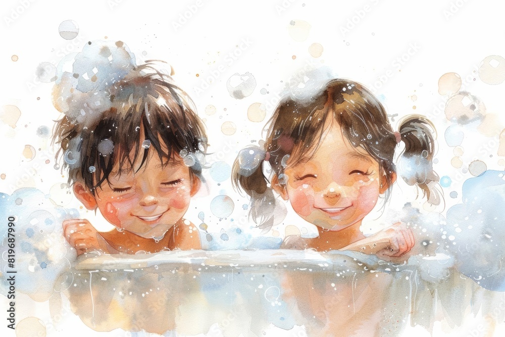 Happy Asian kids washing hair in a tub, surrounded by bubbles and foam ...