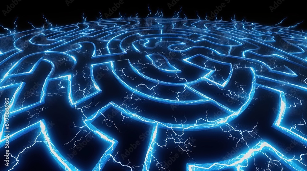 A conceptual design of blue lightning bolts arranged in a circular maze ...