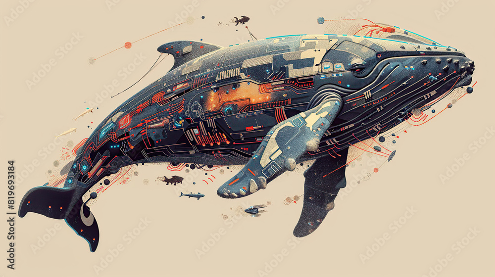 tech whale, futuristic whale, cyber whale, mechanical whale, robotic whale, digital whale, sci ...