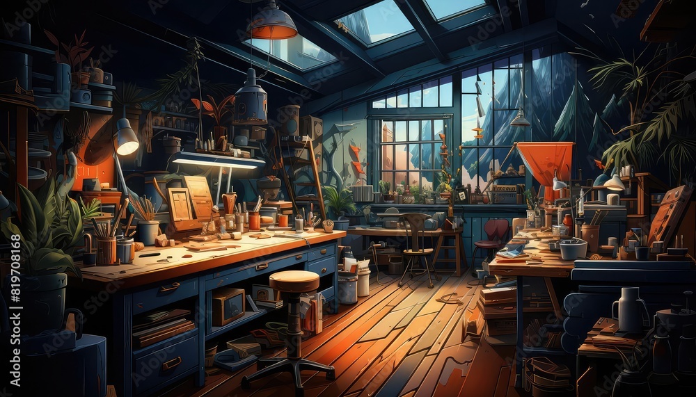 Workshop background flat design front view modern maker space theme ...