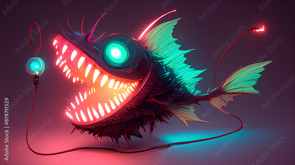 cute kawaii lamp anglerfish on black background Stock Illustration ...