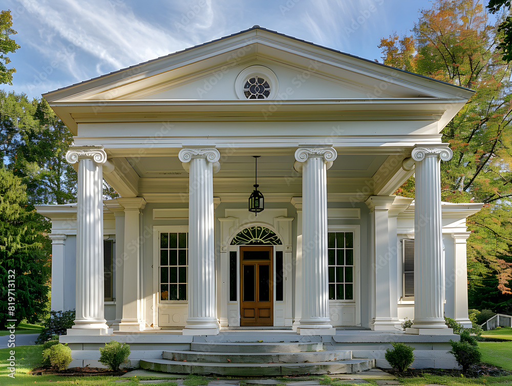 Elegant Neoclassical Building with Corinthian Pillars, Triangular Pediment, Symmetrical Design ...