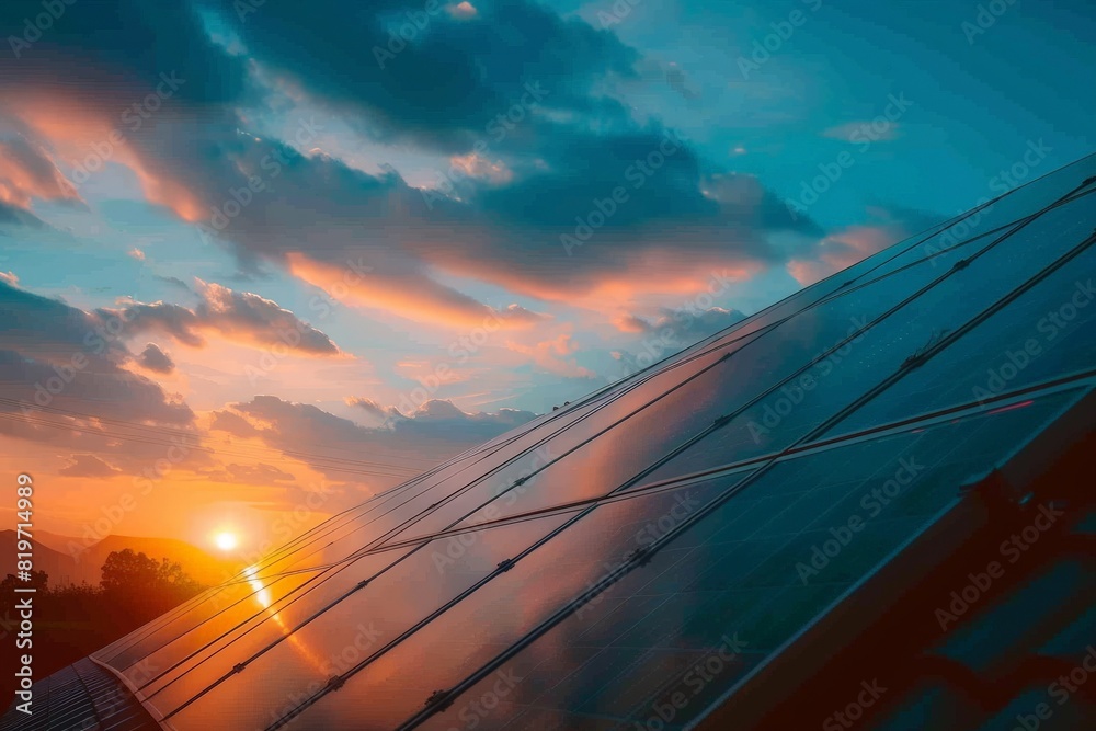 Solar panels installed on a roof, sunset sky - 3D 4k animation ...