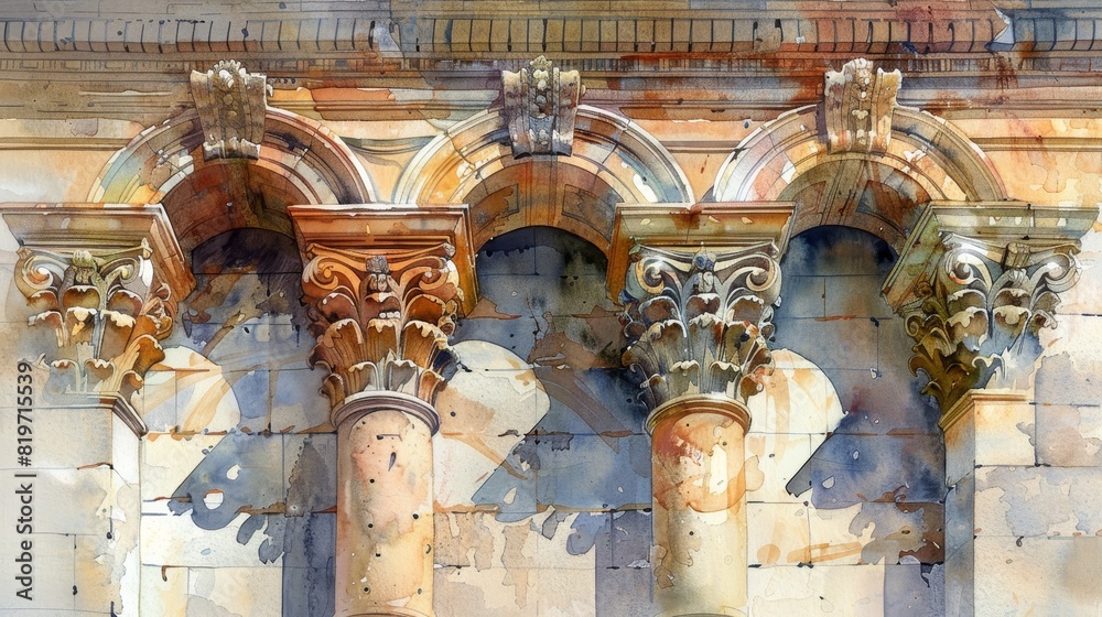 watercolor The image shows three Roman columns with ornate carvings at ...