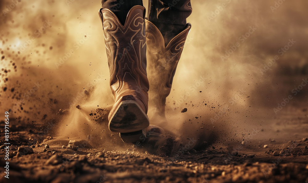 Scratched cowboy boots raise dust as their rider takes off into the ...