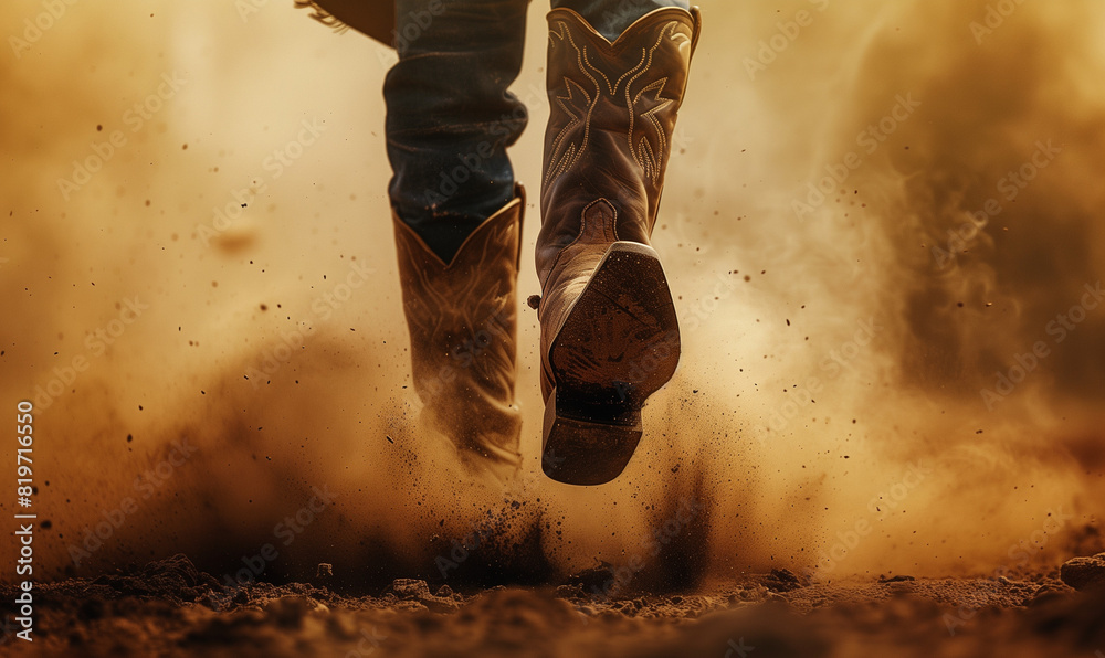 Scratched cowboy boots raise dust as their rider takes off into the ...