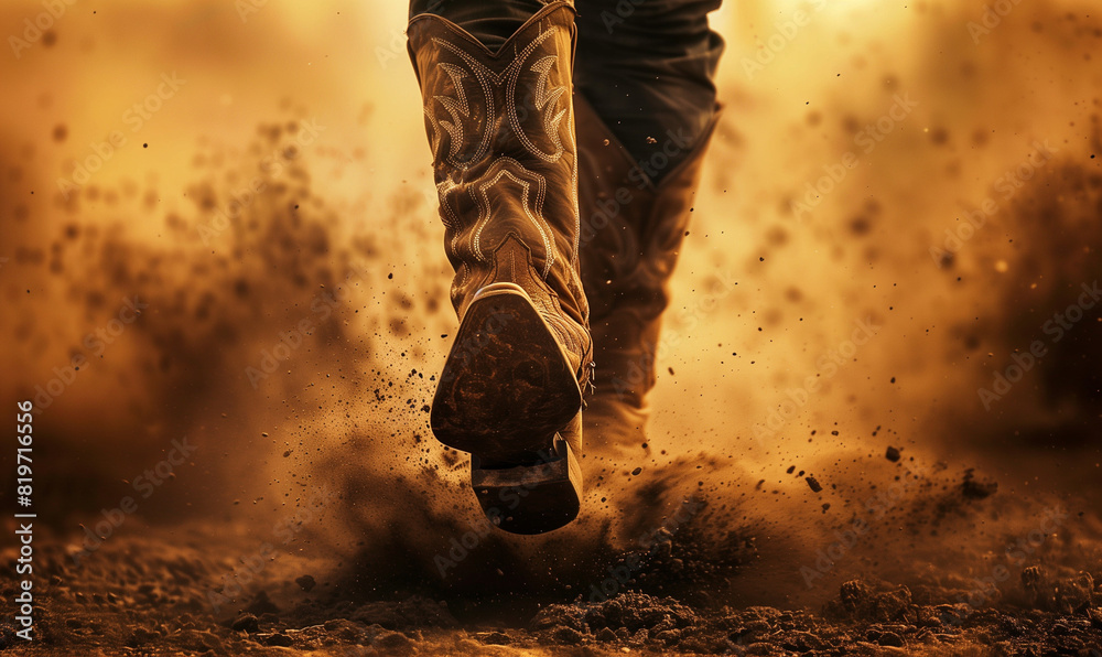 Scratched cowboy boots raise dust as their rider takes off into the ...