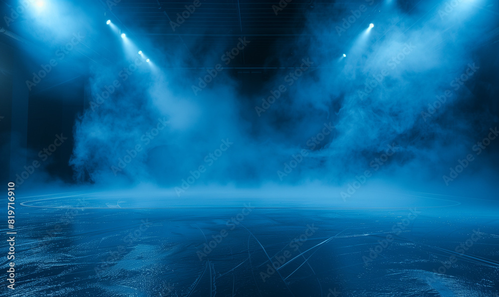 Hockey ice sheet with smoke on a dark background. A surreal ...