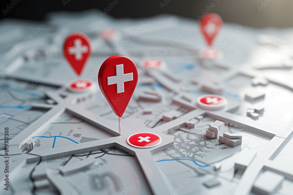 Emergency Response: Vector illustration of a 3D map with pins pointing ...