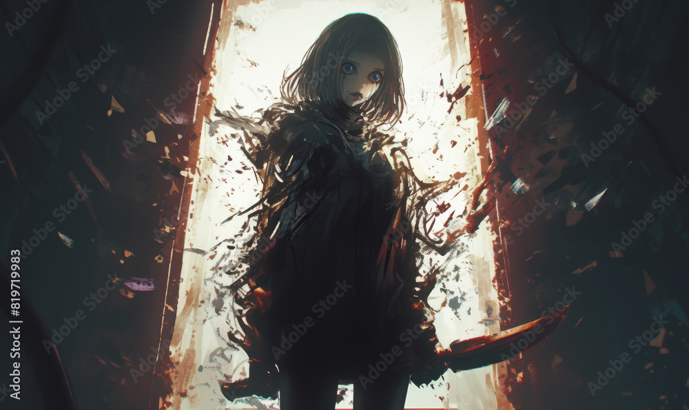 Horror anime girl captured from a scray movie, fake blood, behind the ...