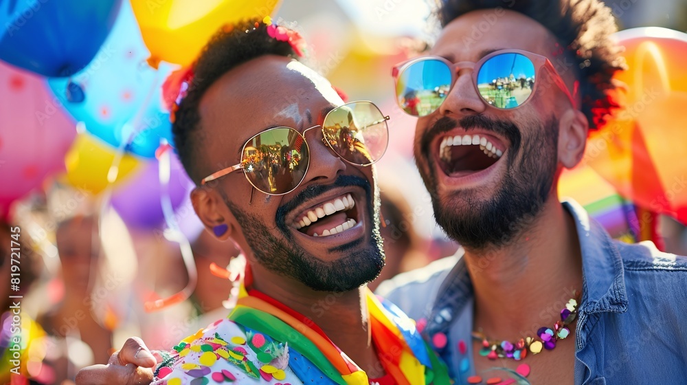 Charming gay couple celebrating on pride parade, side view, Vogue ...