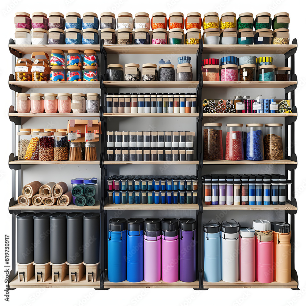 Various types of craft supplies organized in labeled bins on shelves in ...