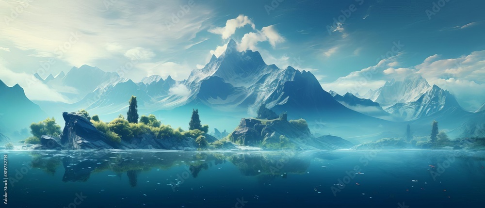 Floating islands above ocean, close up, dreamlike vividness, double ...