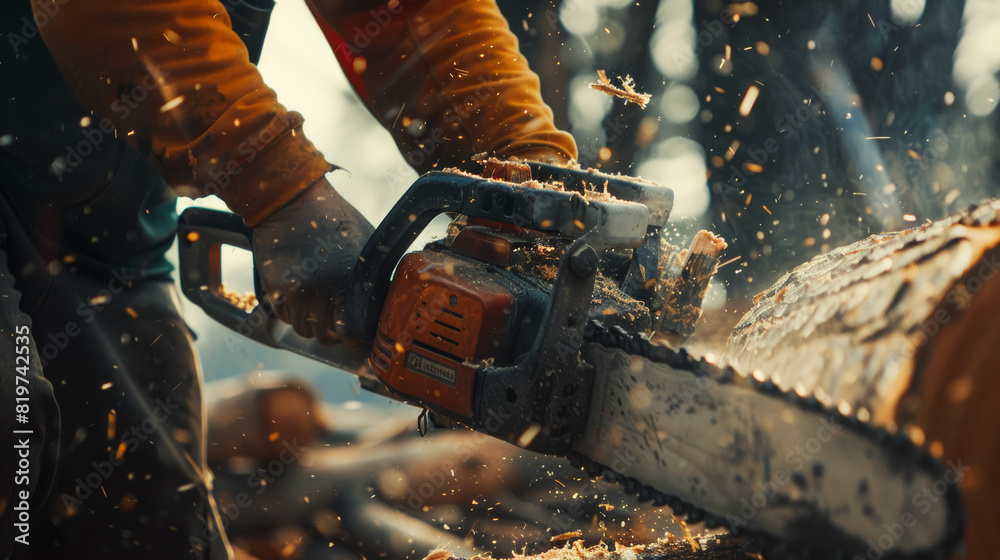 Dynamic sparks fly as a chainsaw bites into timber, personified power ...