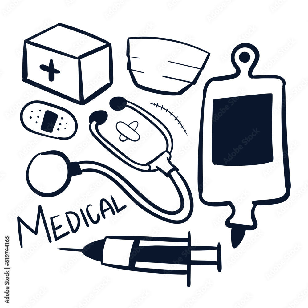 Hand drawn medical doodles vector. medical doctor scribbles icons set ...
