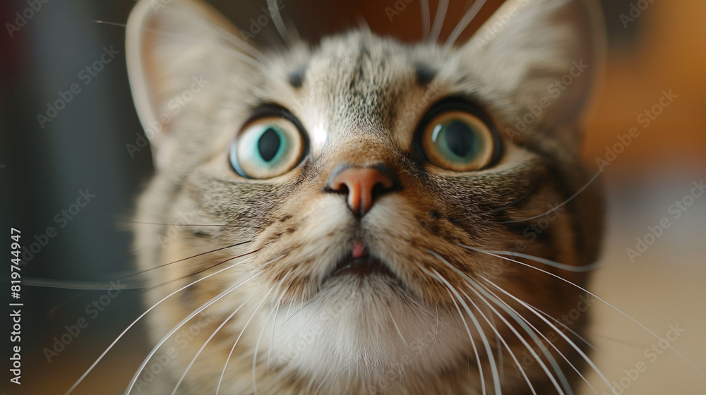 Skeptic surprised cat thinking dont know what to do, big eyes closeup ...