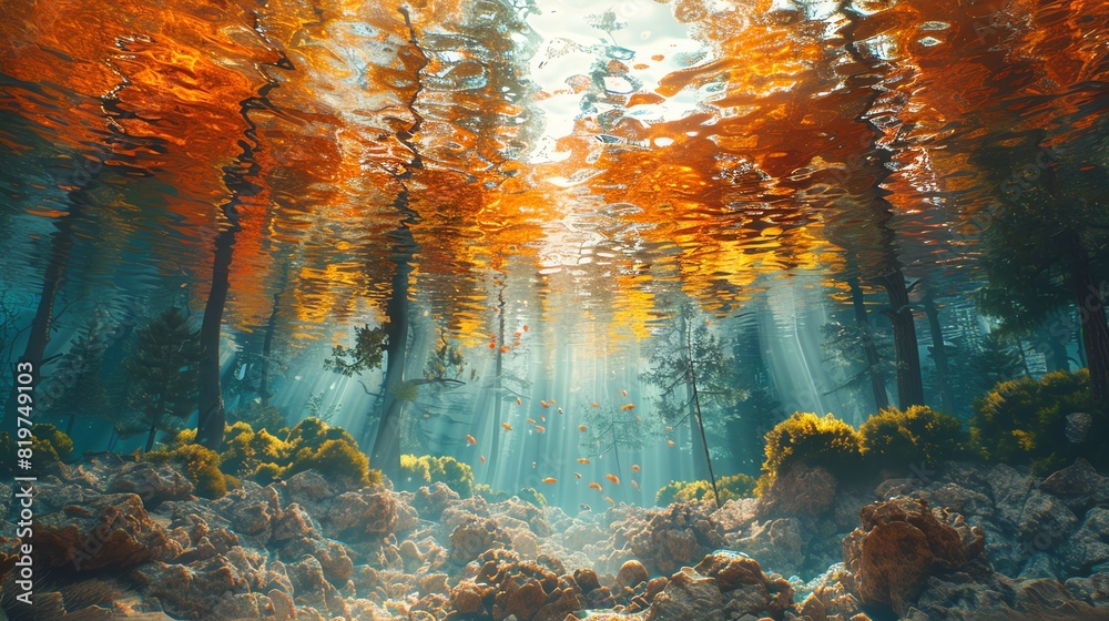 Surreal scene of a river flowing upside down, adventurers kayaking ...