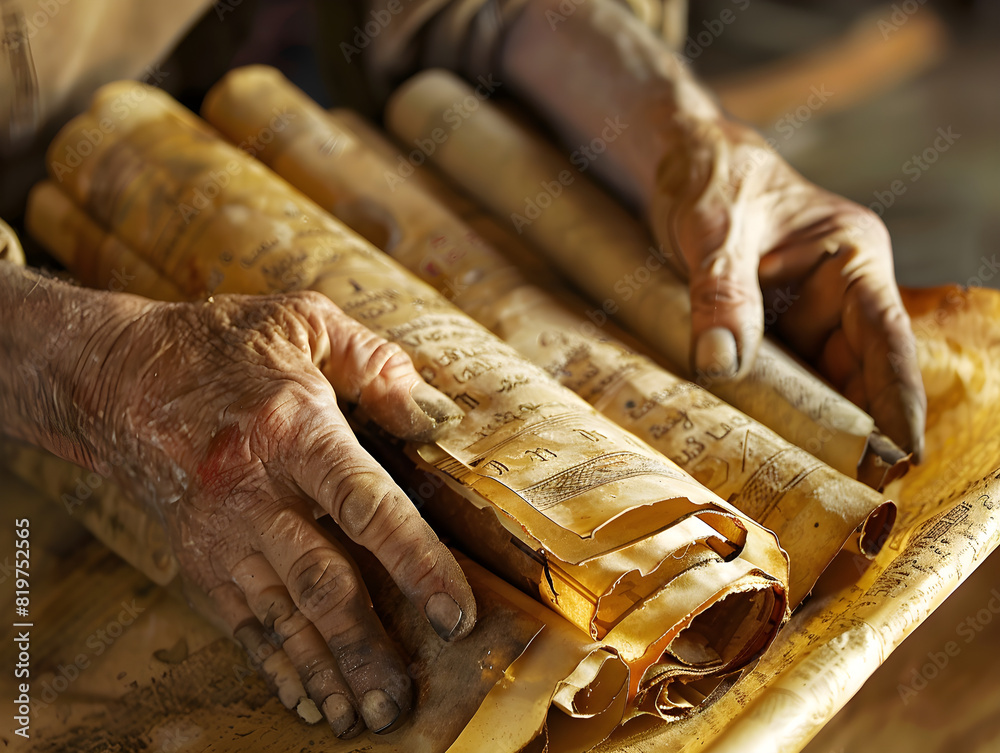 Elderly Hands Gently Unrolling Antique Scrolls with Ancient Scripts ...