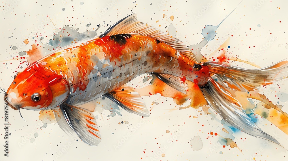 Artistic watercolor illustration of a koi fish, clipart, single object ...