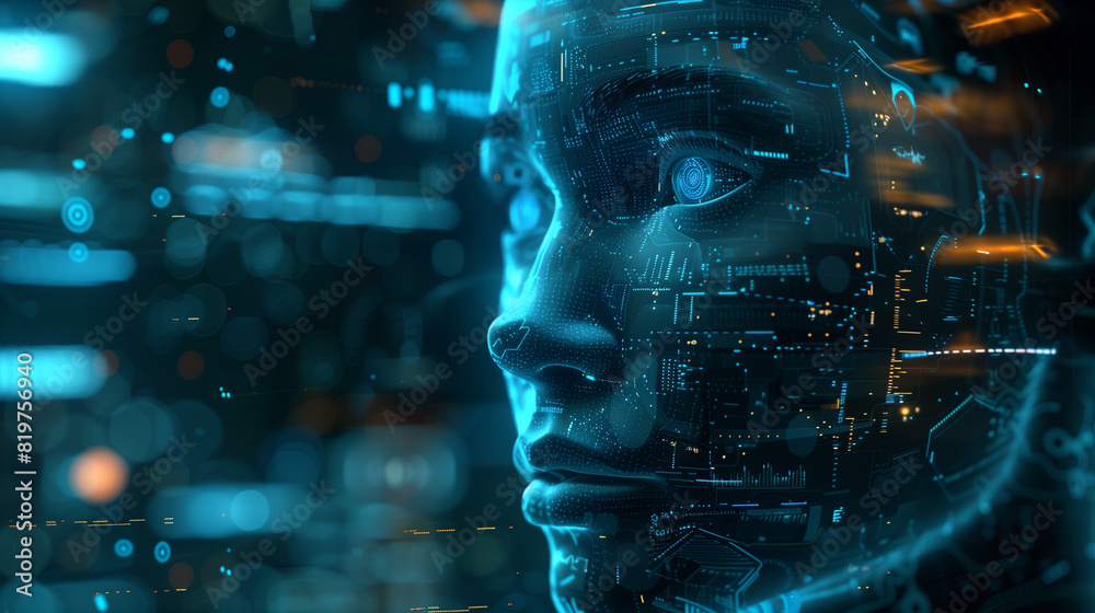 A computer generated face with red eyes and a blue background. The face ...