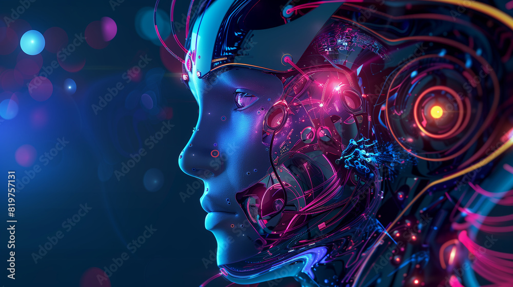 A computer generated face with red eyes and a blue background. The face ...