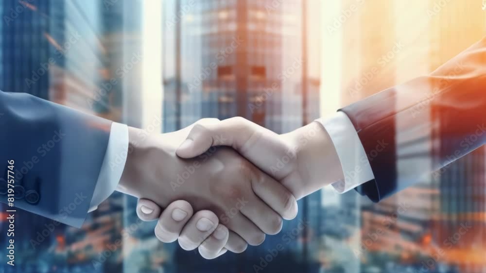 Two men shake hands in front of a city skyline. The handshake is a ...