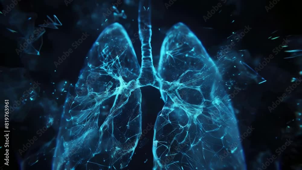 A blue lung with a black background. The lung is shown in a very ...