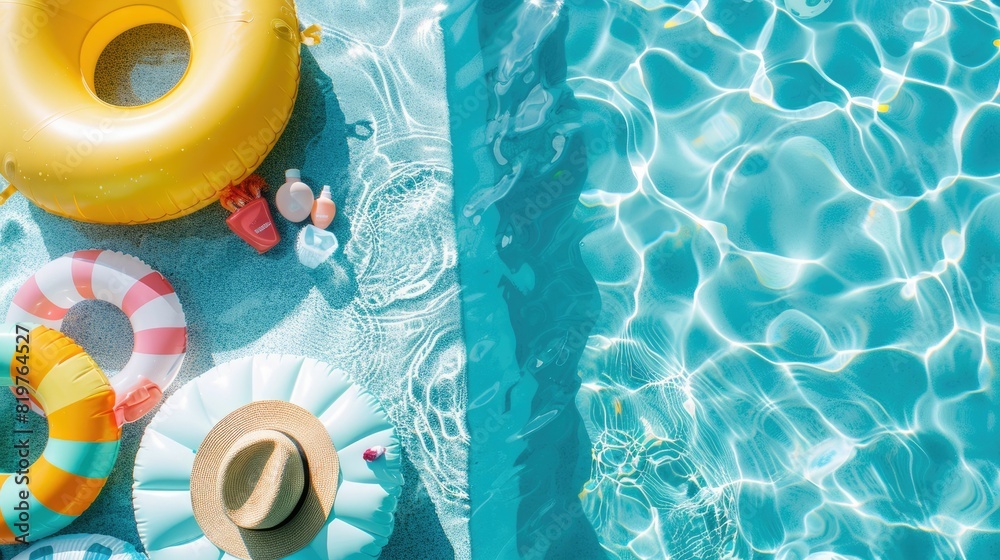 Three liquid floats in electric blue and azure colors are drifting in ...