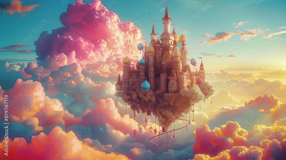 A giant balloon castle floats in the rainbow-colored clouds, adorned ...