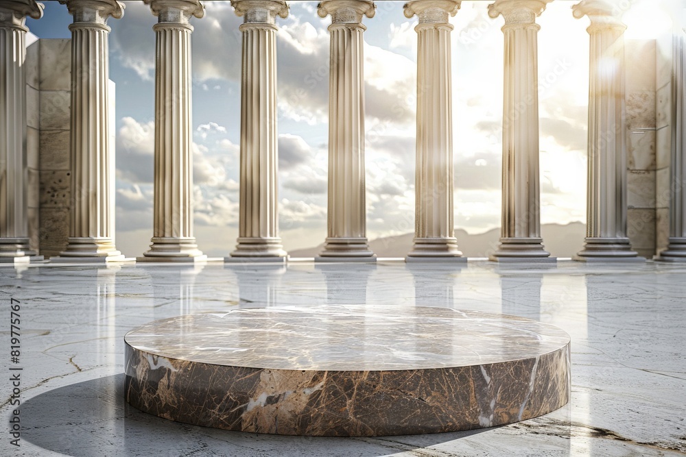 Ancient Greco-Roman hall interior with a circular stone podium ...