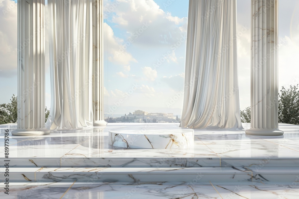 Ancient Greco-Roman hall interior with a circular stone podium ...