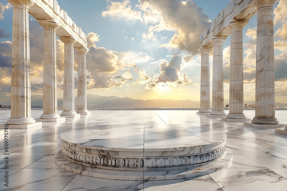 Ancient Greco-Roman hall interior with a circular stone podium ...