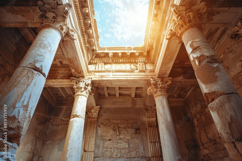 Ancient Greco-Roman hall interior with a circular stone podium ...