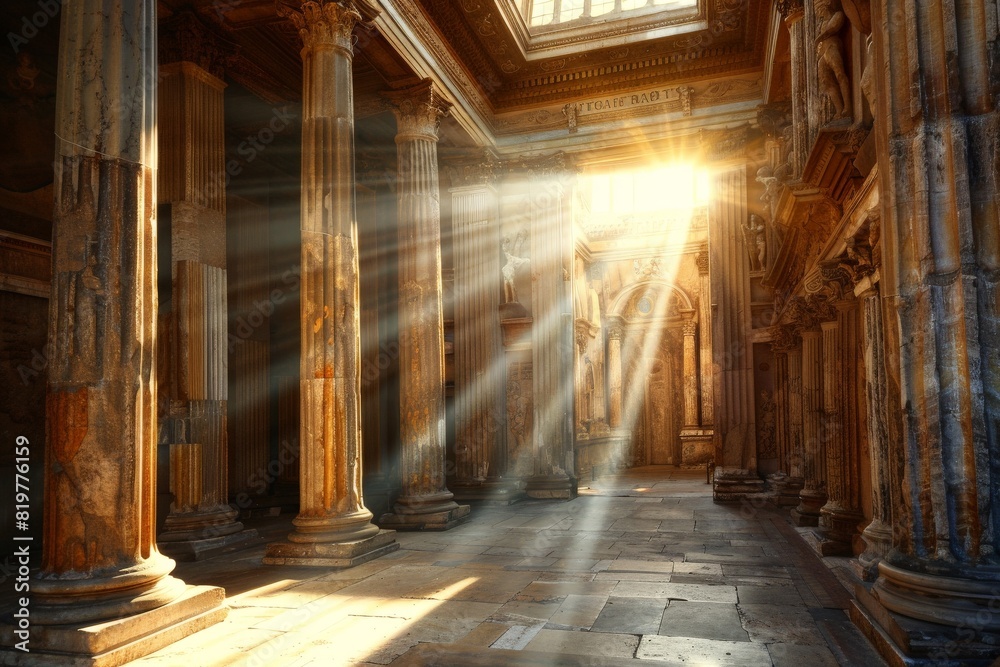Ancient Greco-Roman hall interior with a circular stone podium ...